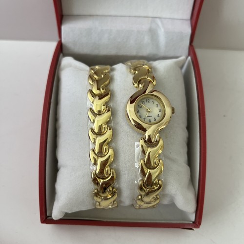 VIP Quartz Watch & Bracelet Set Gold Plated Articulated Link New in Box ...