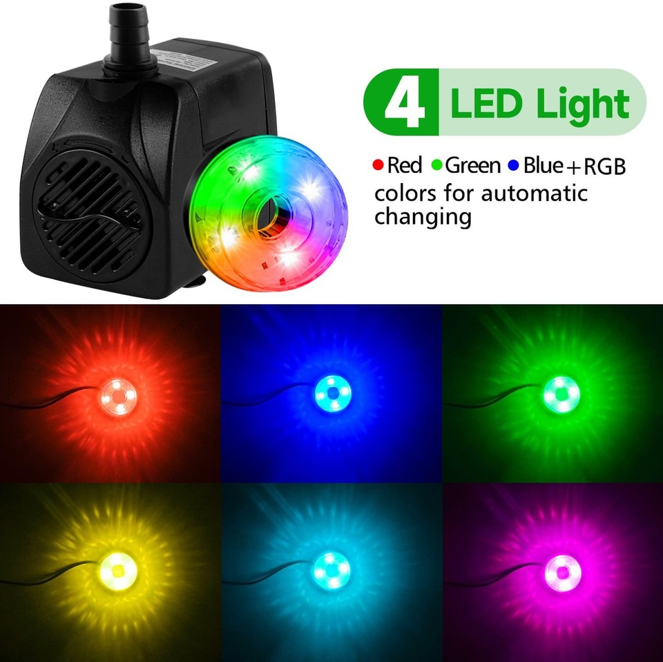 15W 800L/H Submersible Pond Fountain Pump with LED Lights, Ultra Quiet ...