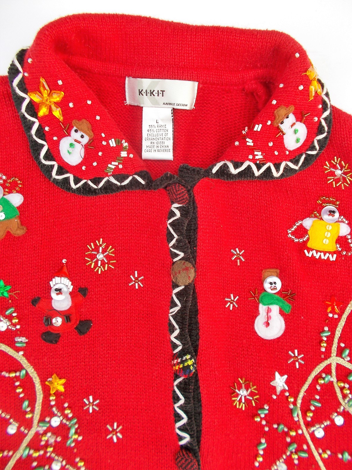 Kikit Red Christmas Sweater LARGE Bling Snowmen Santa Plaid Pockets | eBay