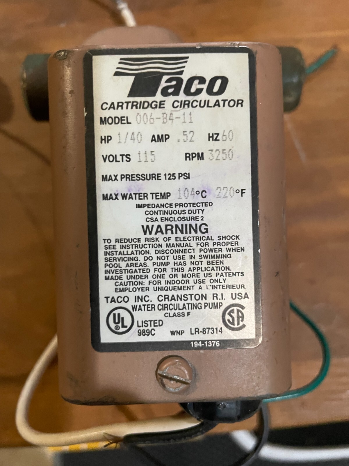 Taco 1/40 hp Bronze circulator pump 006-B4-11 | eBay