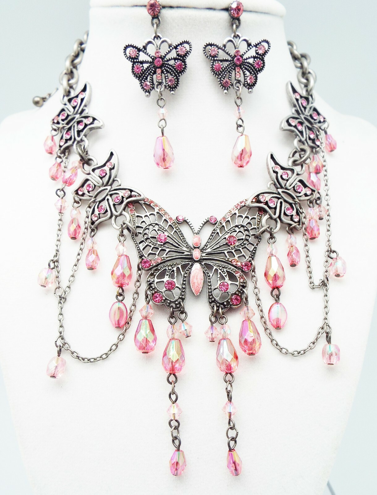 DESIGNER INSPIRED 17 in PINK A/B MULTI CRYSTAL ENAMEL BUTTERFLY JEWELRY ...