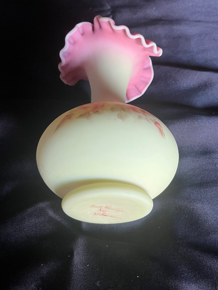 Vintage Fenton BURMESE Uranium Glass VASE Rose Hand Painted Signed | eBay