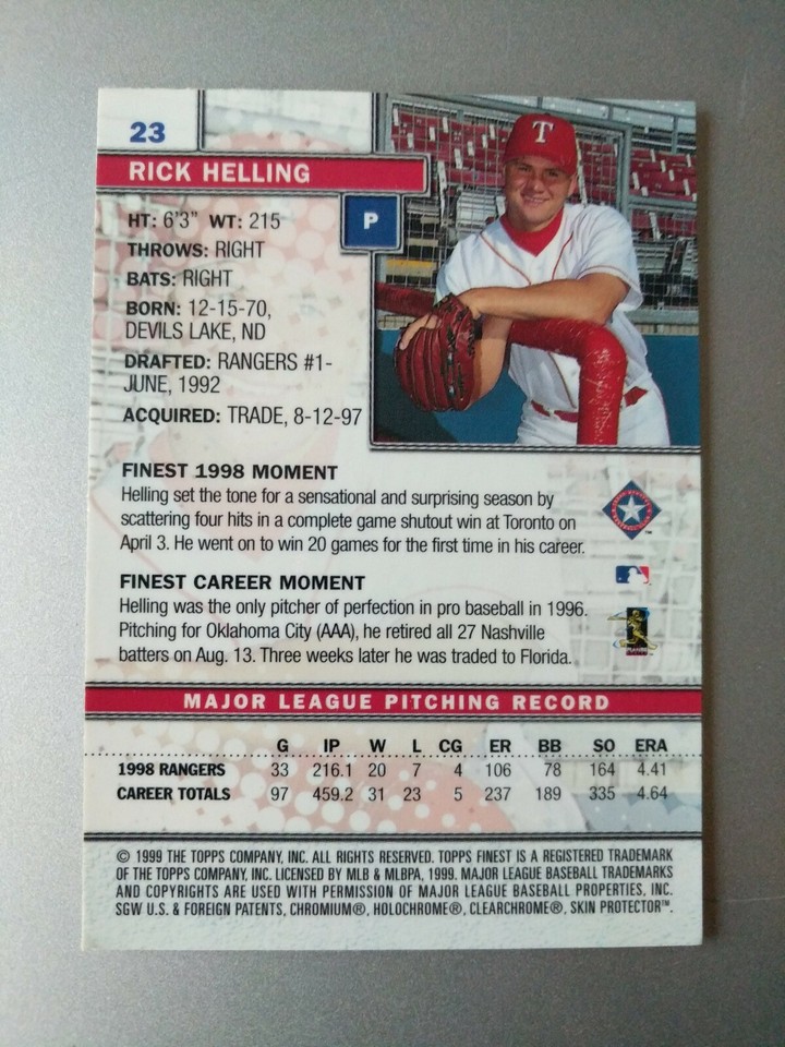 1999 Topps Finest #23 Rick Helling Texas Rangers Collectible Baseball ...