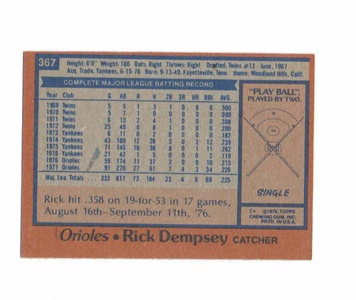 Rick Dempsey Baltimore Orioles Catcher #367 Topps 1978 #Baseball Card ...