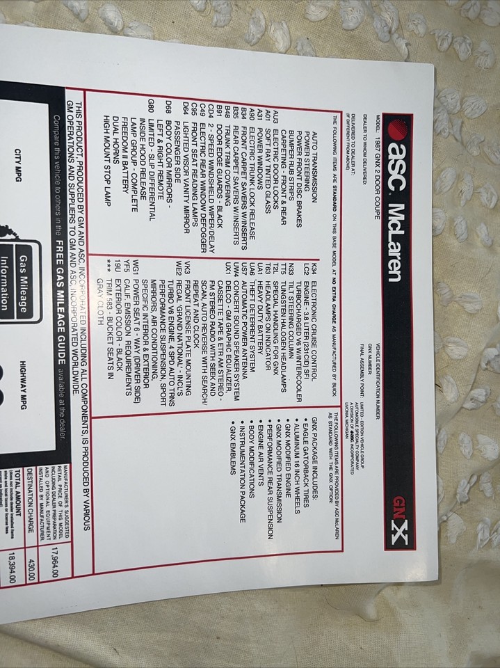 NOS GM ASC MCLAREN ORIGINAL BUICK GNX BLANK WINDOW STICKER COPY No TRI ...