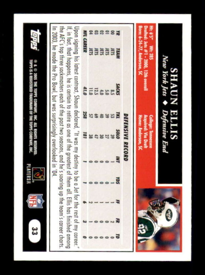 2005 Topps #33 Shaun Ellis NM/NM+ NY Jets 242012 | eBay