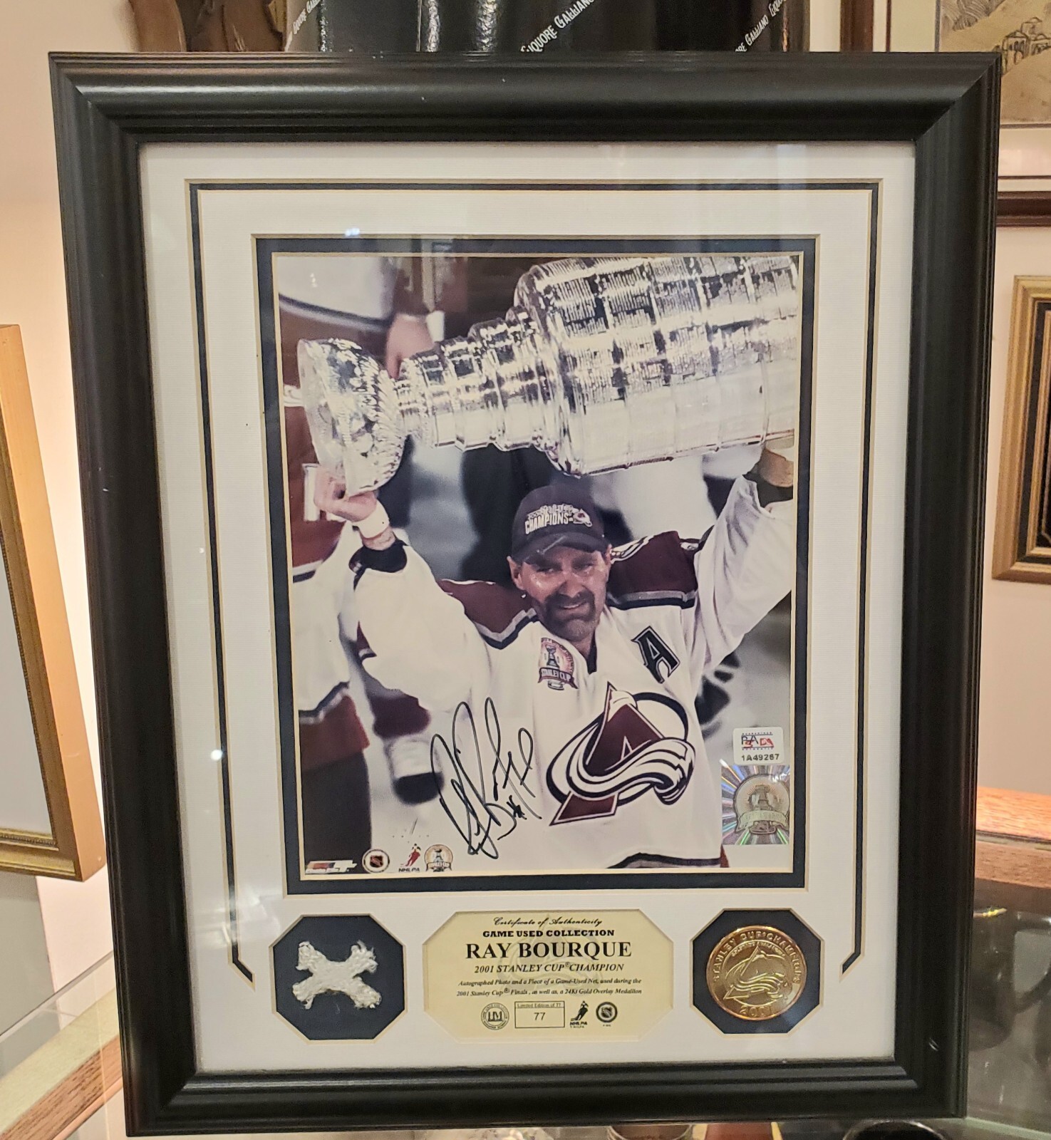 2001 Ray Bourque Autographed 8x10 Framed w/ Piece of Game Used Net w ...