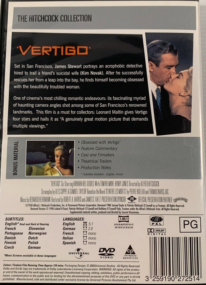 Vertigo DVD - Alfred Hitchcock's 1958 - Colour REG 4 AU - Kim Novak ...