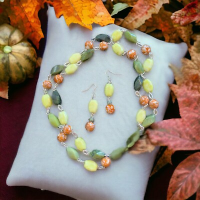 Natural Stone Necklace/Earrings Set- Stained Quartz-Serpentinite ...