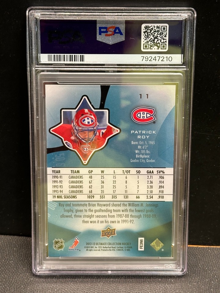 Patrick Roy 2012-13 Ultimate Collection Card #11 Serial #d /399 PSA 7 ...