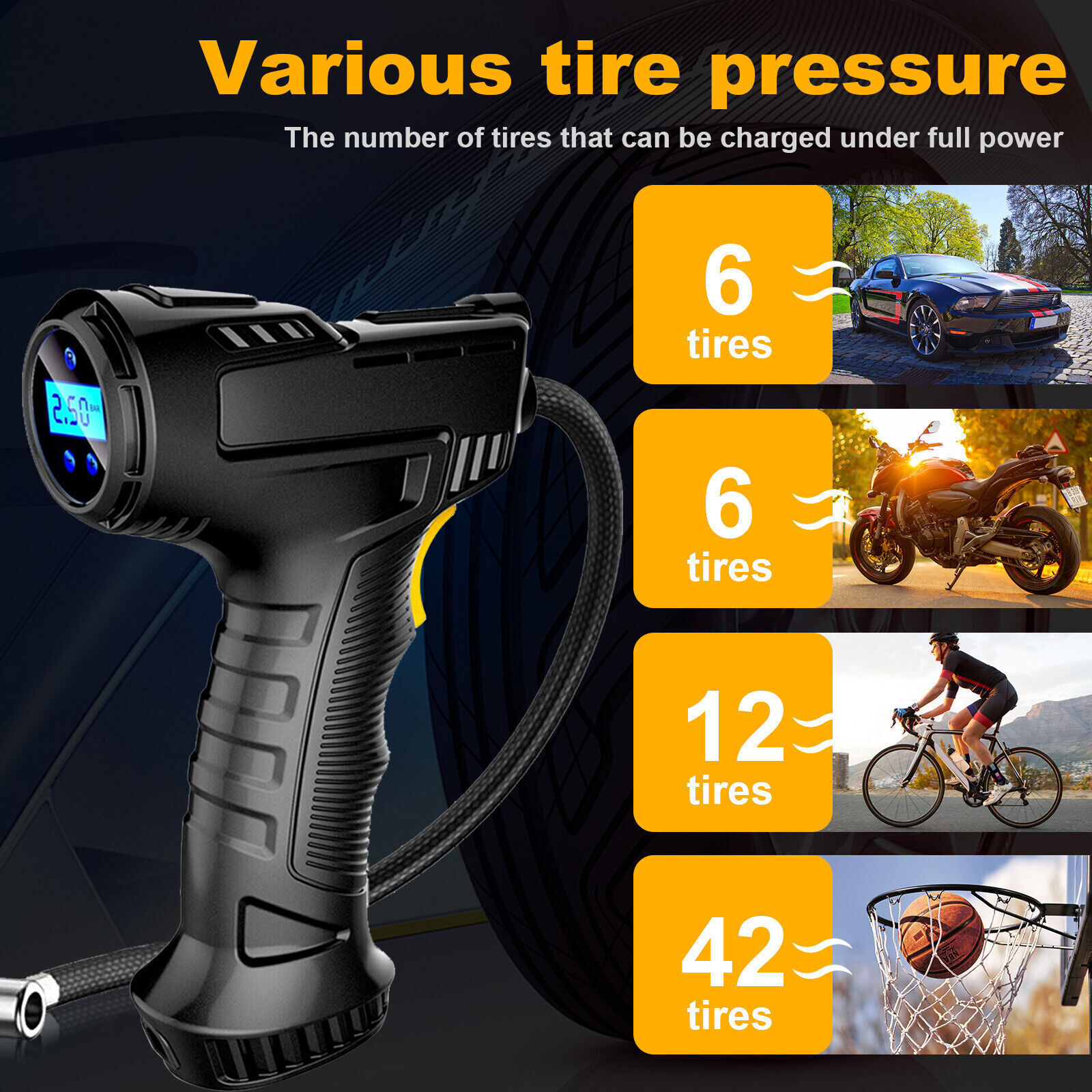 6000mAh Cordless Rechageable Battery Air Compressor Pump Car Tire ...