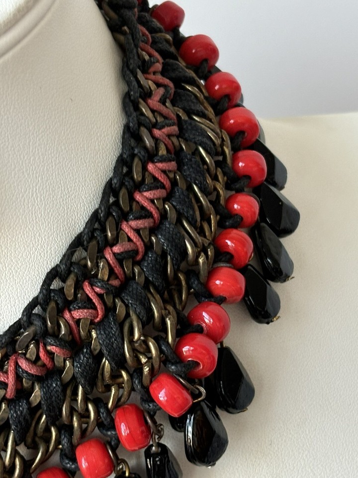Tribal Collar Necklace/ Red & Black Beads/ Various Types Of Stitching ...