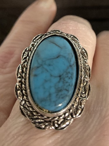 Faux Turquoise Oval Ring Size 6 & up Southwest Yellowstone Silvertone ...
