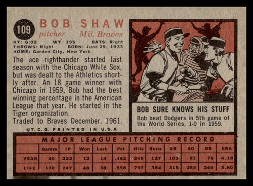 1962 Topps #109 Bob Shaw (EX+/EXNM) | eBay
