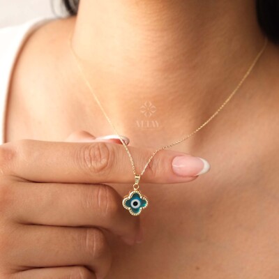 14K Gold Evil Eye Necklace, Clover Evil Eye Necklace, Evil Eye Charm ...