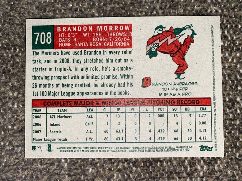 2008 Topps Heritage High #708 Mariners Brandon Morrow SP Baseball Card ...