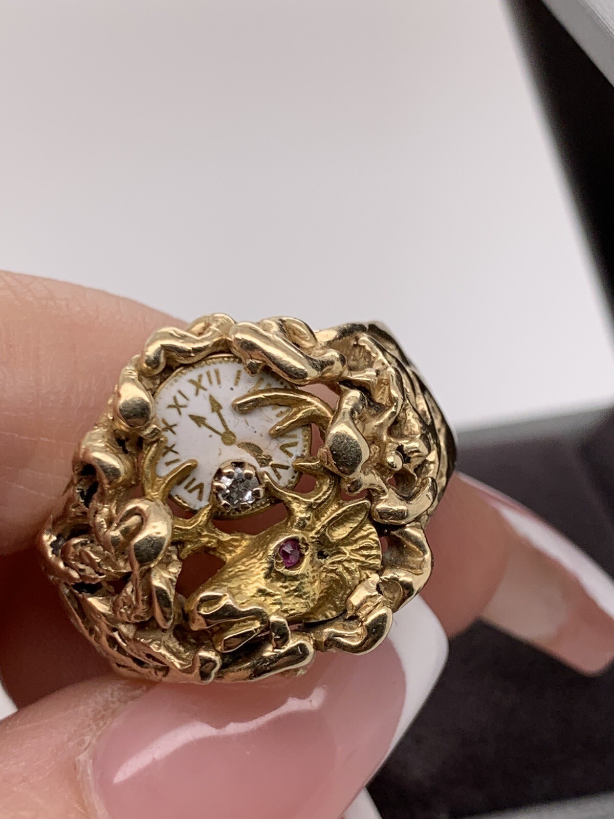 Elk and Clock Ring in 14K Yellow Gold Size 13 BPOE Diamond & Synth Ruby ...