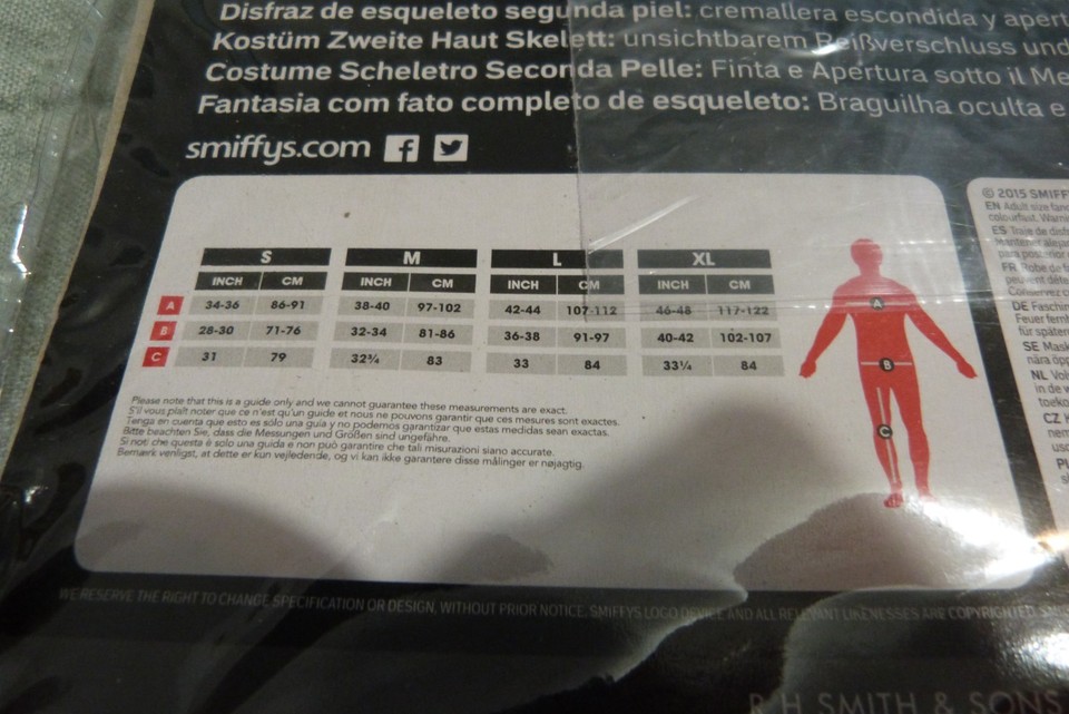 Skeleton Second Skin Glow in the Dark Men’s Size Medium Costume Smiffys ...