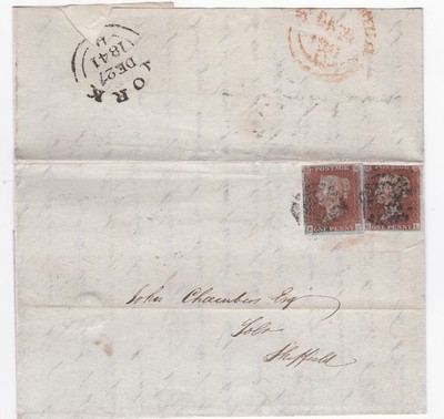 1841 QV TWO 1d PENNY RED STAMPS ADDED LATER YORK MX ON LETTER ~FAULTS ...