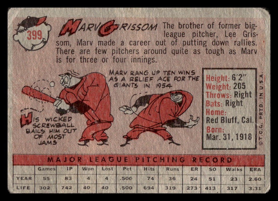 1958 Topps Marv Grissom #399 San Francisco Giants Baseball Card | eBay