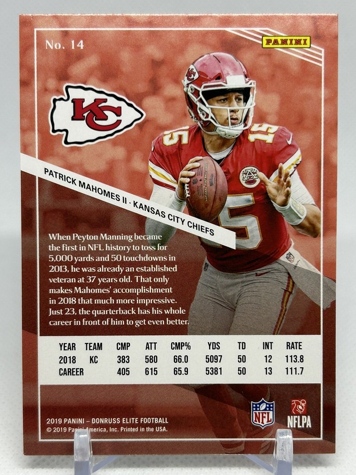 Patrick Mahomes 2019 Panini Donruss Elite Base #14 NFL Kansas City ...