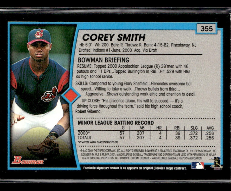 Corey Smith signed auto 2001 Bowman #355 card Cleveland Indians | eBay