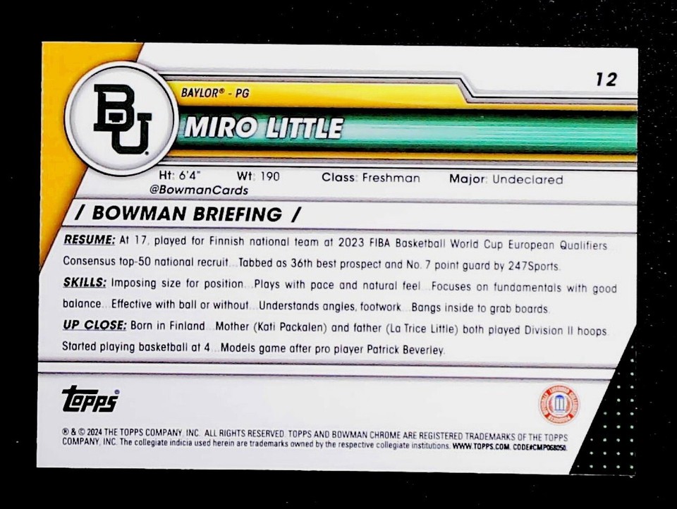 Miro Little #12 2023-24 Bowman University Chrome | eBay