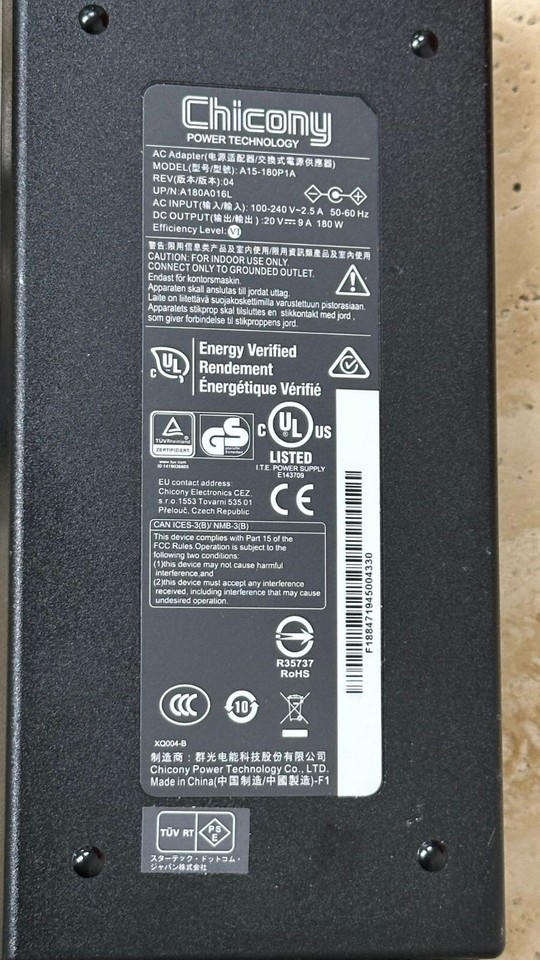 Chicony MSI Clevo Gigabyte Laptop Charger AC Adapter A15-180P1A 20V ...