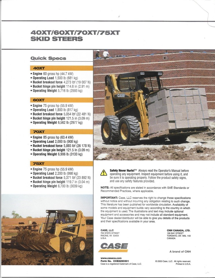Original Case 40XT 60XT 70XT 75XT Skid Steer Loaders Sales Brochure ...