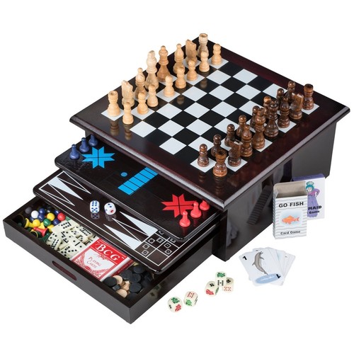 Set - Deluxe 15 in 1 Tabletop Wood-accented Game Center Storage Drawer ...