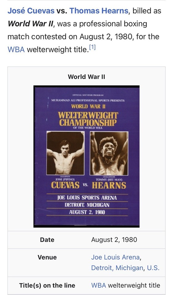 1980 WBA BOXING CHAMP THOMAS HEARNS V JOSE CUEVAS JOE LOUIS DETROIT ...