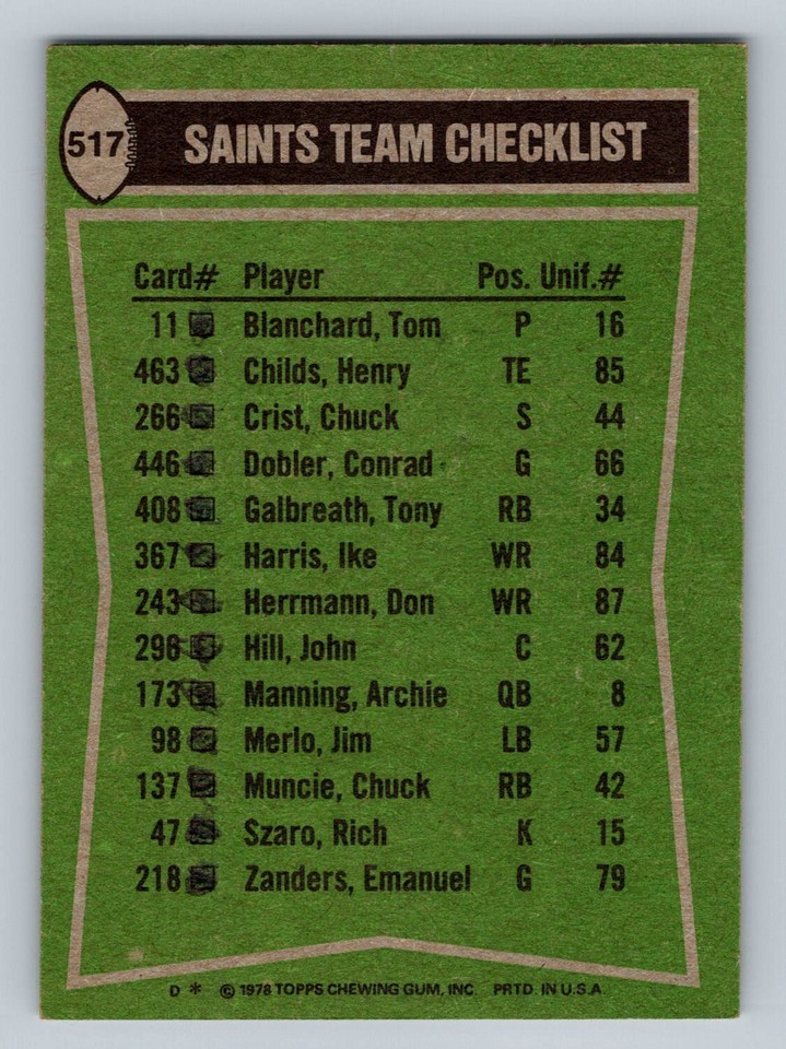 1978 Topps #517 Chuck Muncie/Don Herrmann/Chuck Crist/Elois Grooms ...