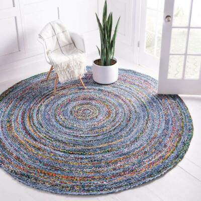 Round Blue Denim Cotton Carpet Braided Rustic Look Rug for Living Room ...