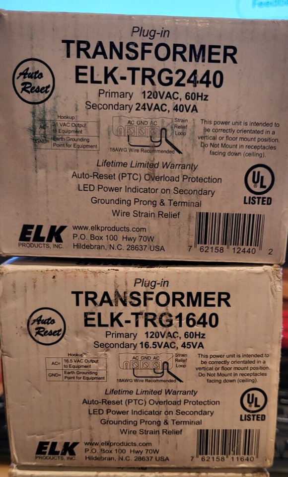 ELK 1 Model Elk-TRG2440 24VAC,40VA and 1 Model Elk-TRG1640 16.5VAC,45VA ...