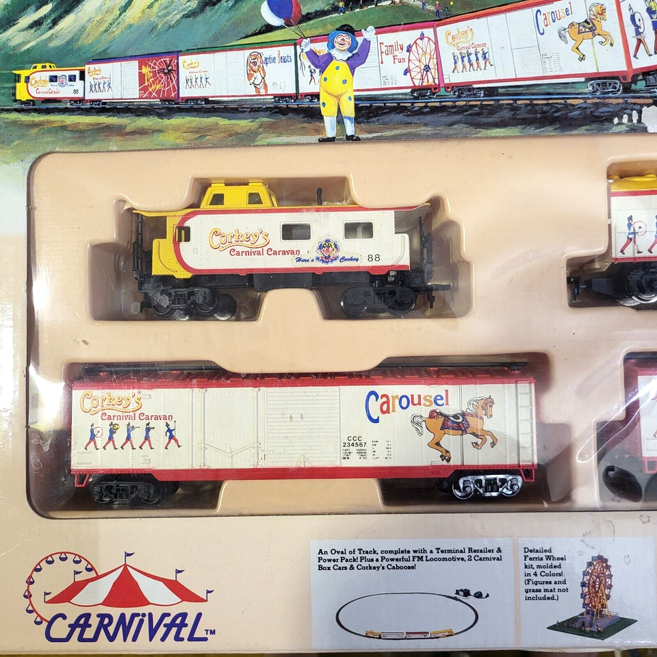 Corkey's Flyer Carnival HO Train Set w/ Locomotive Box Car Ferris Wheel ...