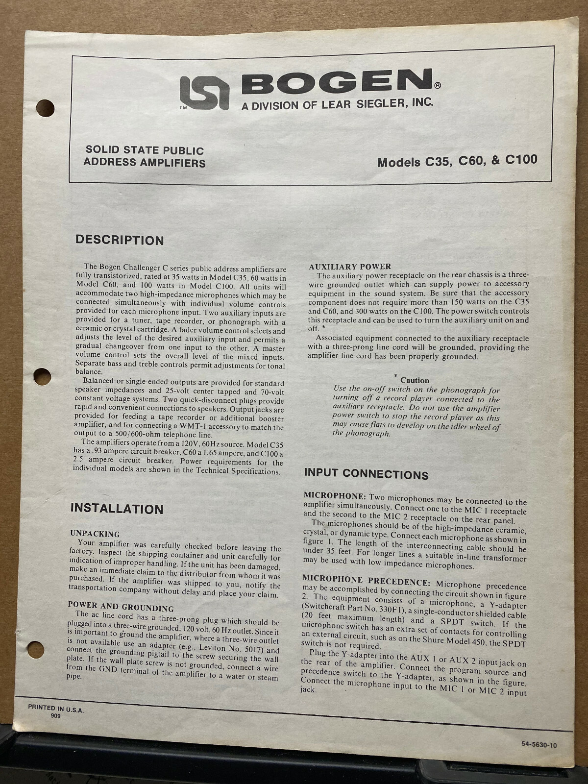 Bogen Owner Operation Manual ~ C35 C60 C100 Amplifier ~ Schematic ...