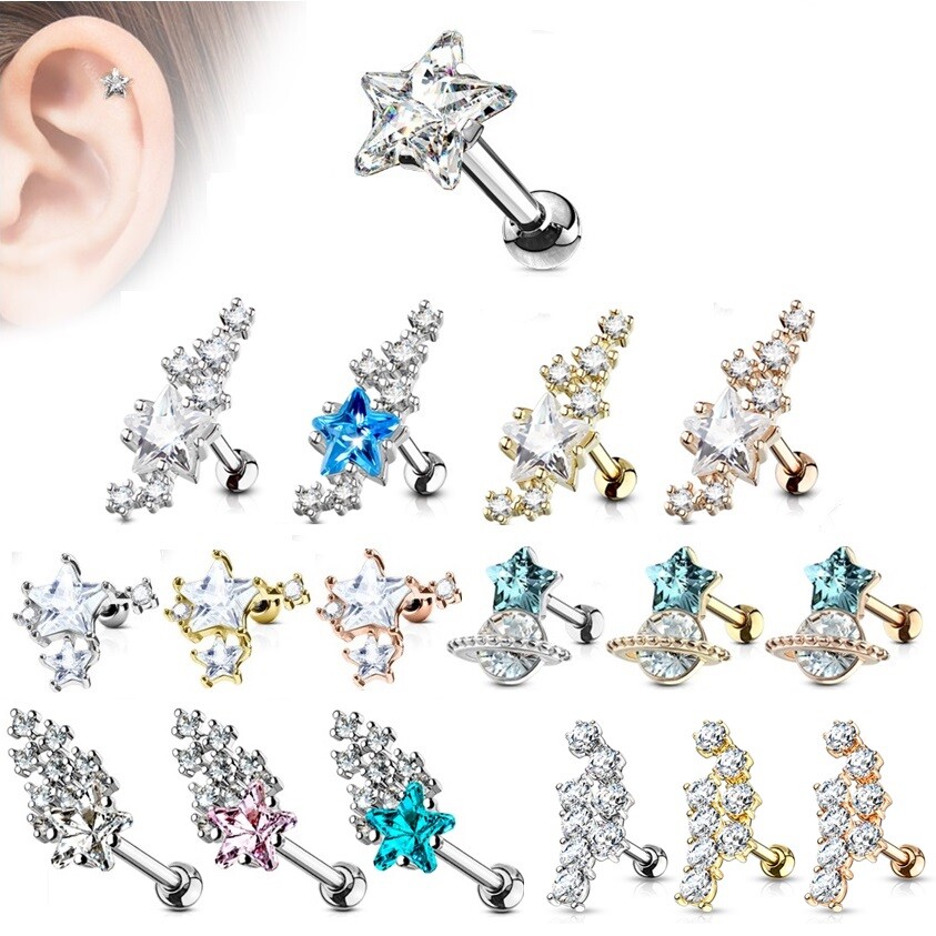 Star Earring - Cartilage Upper Ear Stud - Tragus Helix Bar Top Ear Ring ...