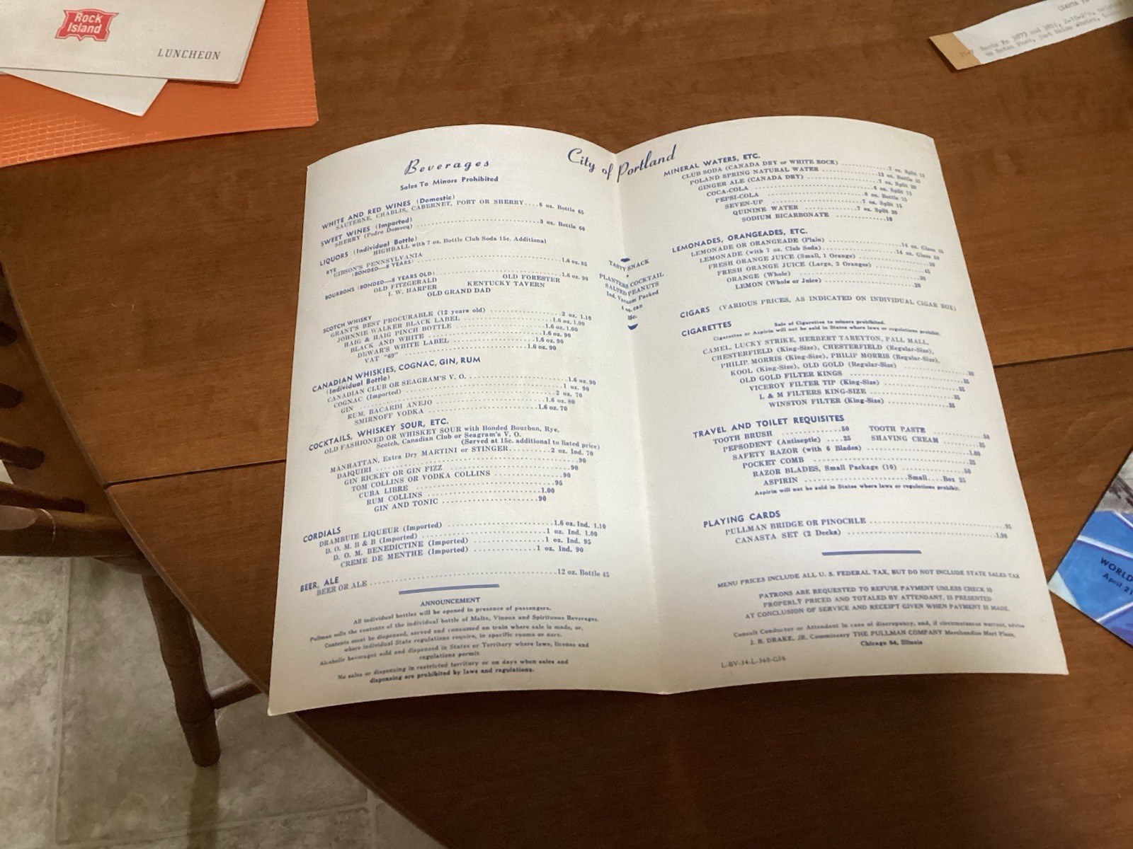 Union Pacific Railroad Pullman Menu CITY OF PORTLAND Dining Car Related ...