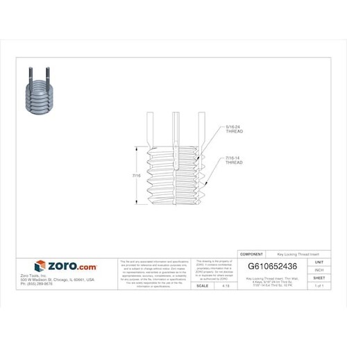 Zoro Select 217-076523 Key Locking Thread Insert, Thin Wall, 4 Keys, 5/ ...