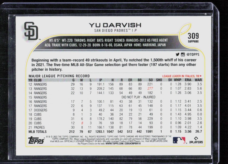Yu Darvish 2022 Topps Chrome Sapphire Edition #309 Blue Sapphire | eBay