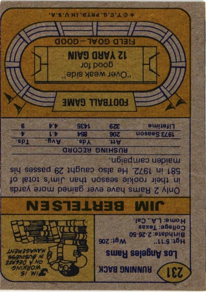 JIM BERTELSEN 1974 Topps Football #231 BUY ANY 2 ITEMS FOR 50% OFF ...