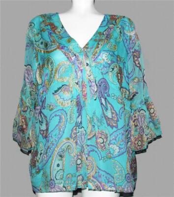 Coldwater Creek Sparkly Paisley Jacobean Bell Sleeves Silk Blouse Wms ...