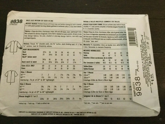 Simplicity Sewing Pattern 9838 Misses Blouses Sizes 10-20 for sale ...