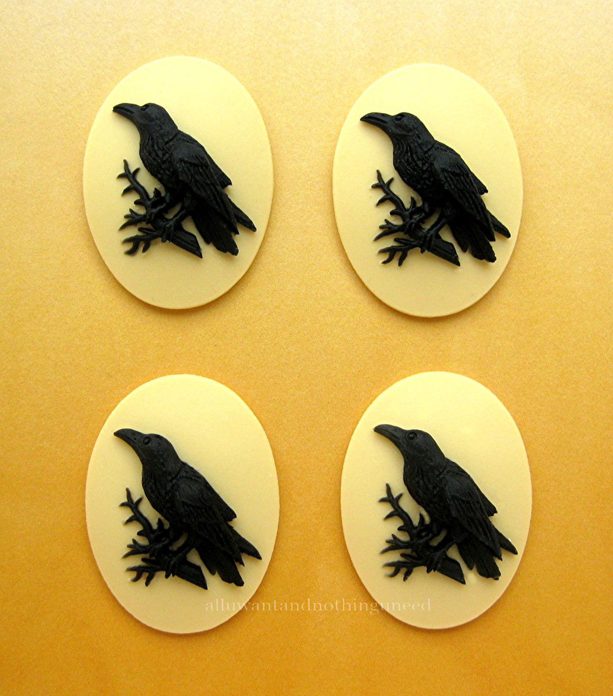 4 BLACK BIRD GOTH CROW RAVEN on IVORY Color 40mm x 30mm Costume Jewelry ...