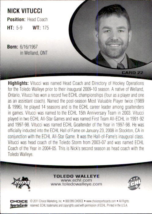 2010-11 Toledo Walleye #22 Nick Vitucci Welland Ontario Canada Hockey ...