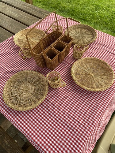 21 Pieces Vintage Picnic Wicker Rattan Plate Cup Flatware Holders Boho ...