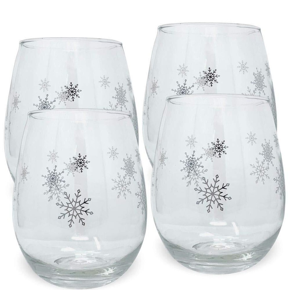 Snowflake Winter Wine Glass Set Set Of 4 Holiday Stemless Glasses With ...