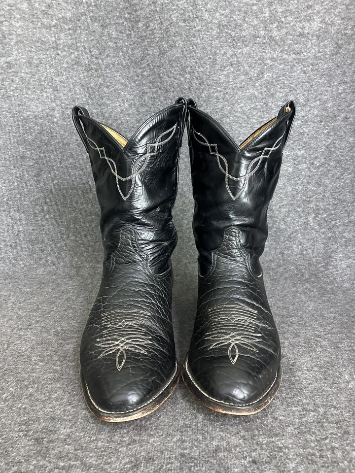 VTG Tony Lama Bullhide Roper Boots Mens 9.5 EE WIDE Black Leather ...