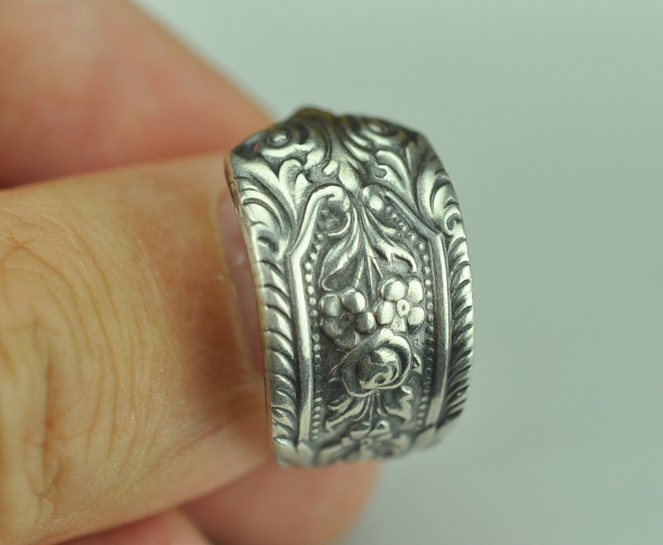 Solid 925 Sterling Silver Floral Adjustable Spoon Ring | eBay
