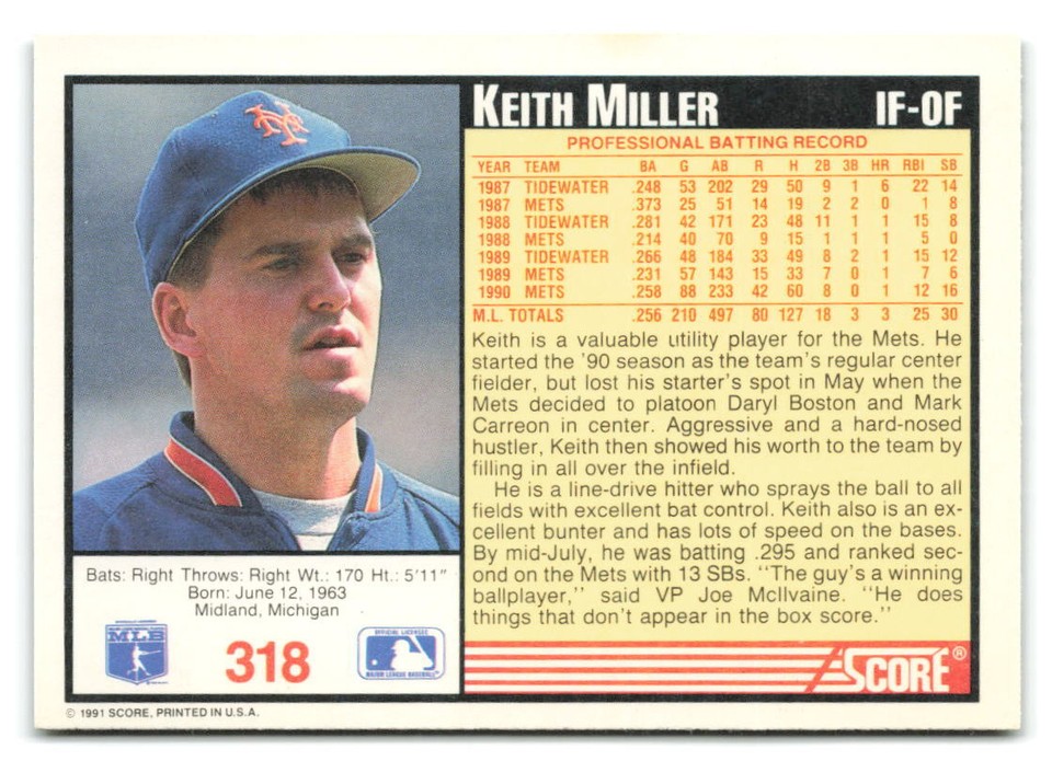 1991 Score Keith Miller #318 New York Mets BASEBALL Card | eBay